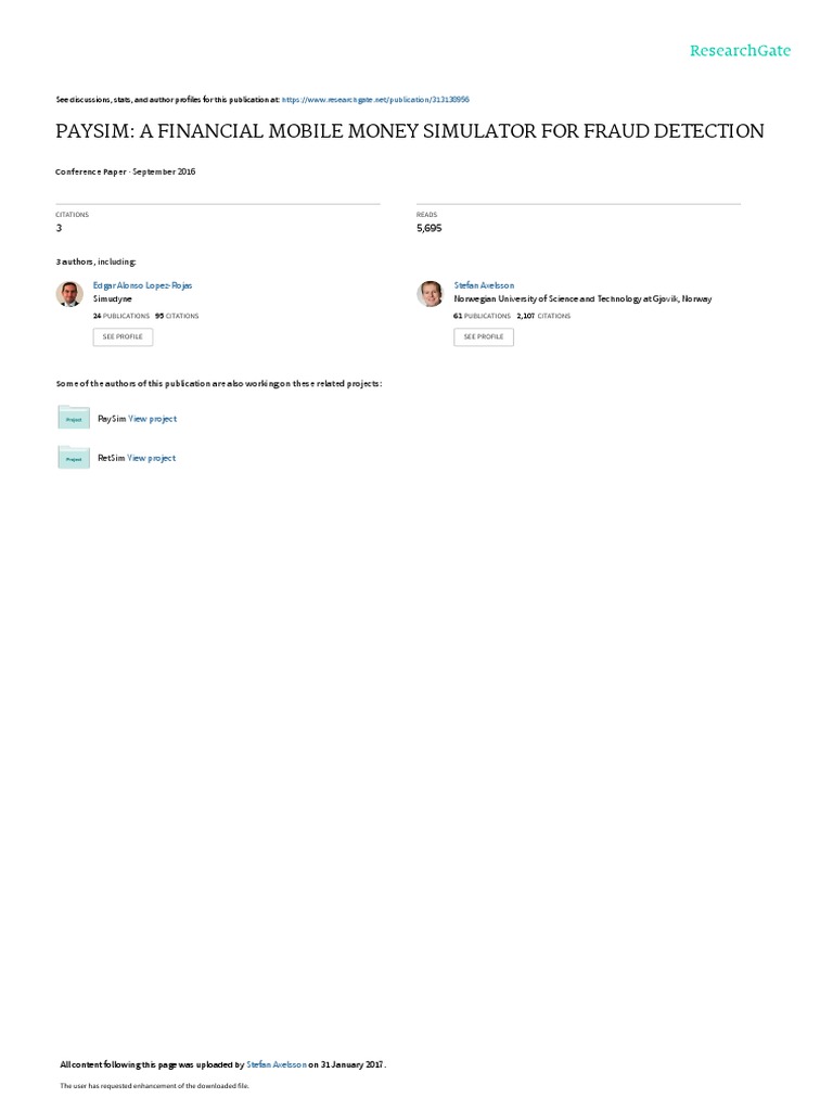 Paysim: A Financial Mobile Money Simulator For Fraud Detection ...