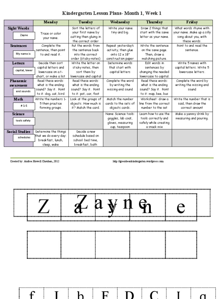 Kindergarten Lesson Plans-Month 1, Week 1: Monday Tuesday Wednesday ...