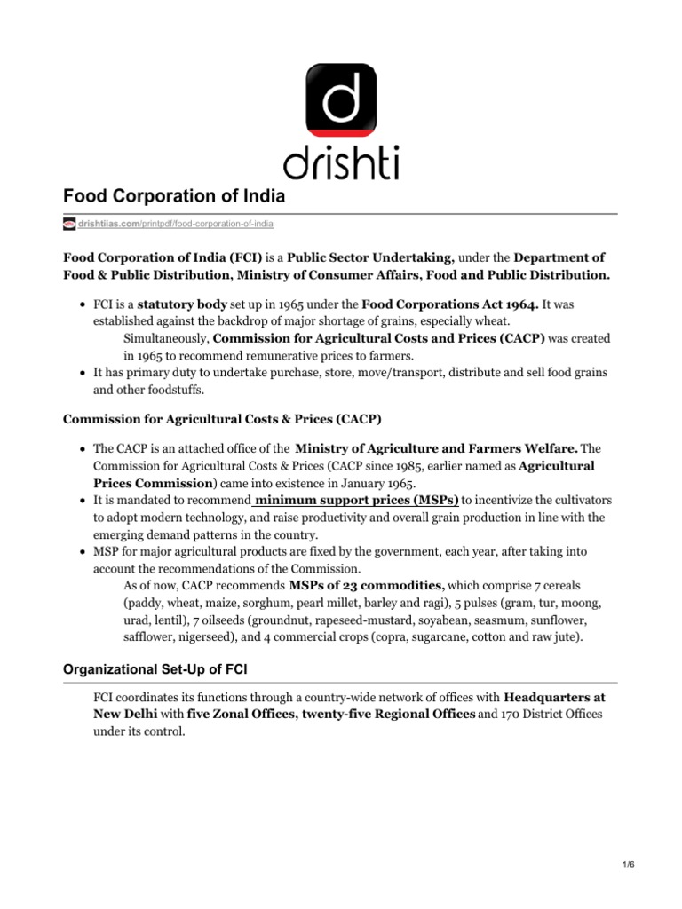 Food Corporation of India: Organizational Set-Up of FCI | PDF | Food ...