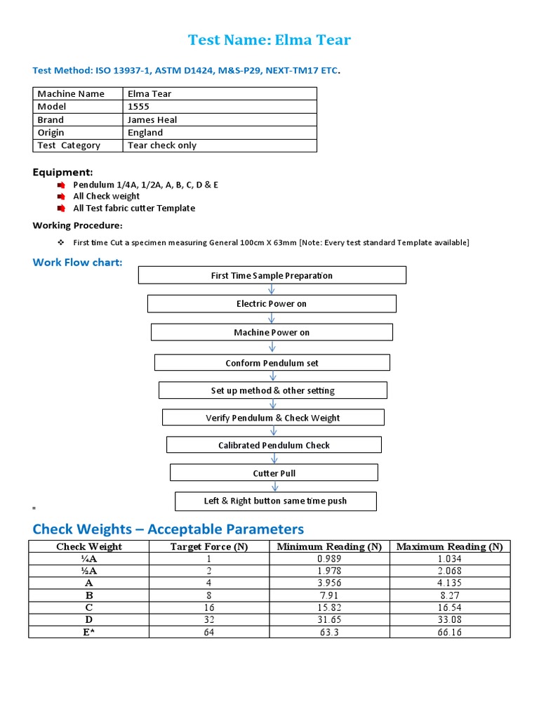 Test Name: Elma Tear: Check Weights - Acceptable Parameters | PDF