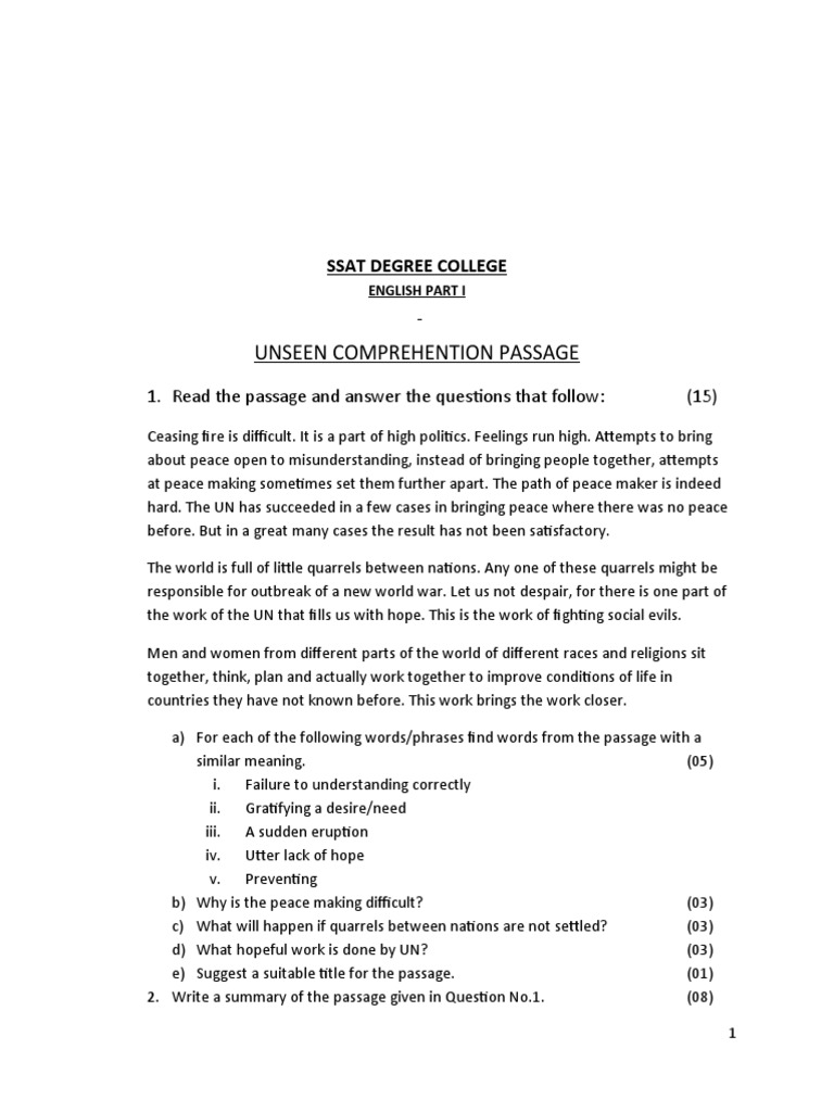 Unseen Comprehention Passage: 1. Read The Passage and Answer The ...
