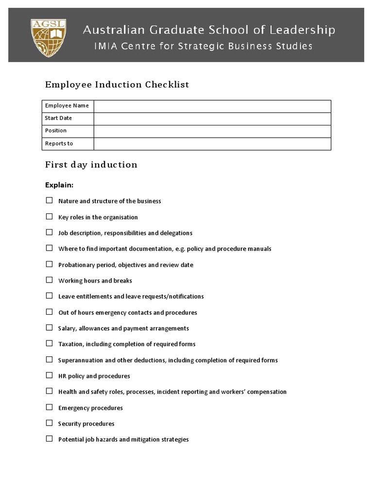 New Employee Induction Checklist | PDF | Emergency | Employment