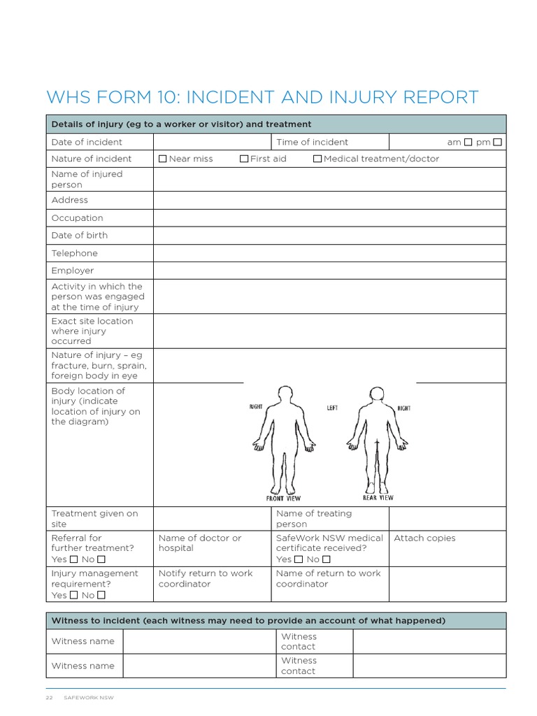 Whs Form 10: Incident and Injury Report: 22 Safework NSW | PDF | Health ...