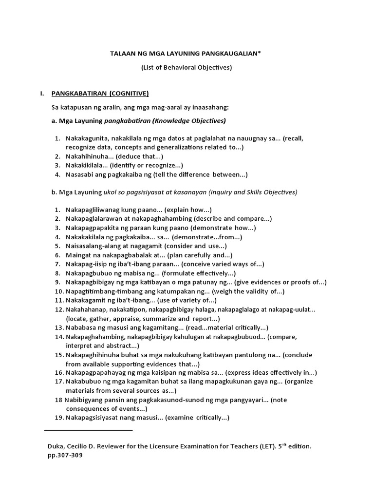 Behavioral Objectives in Filipino | PDF