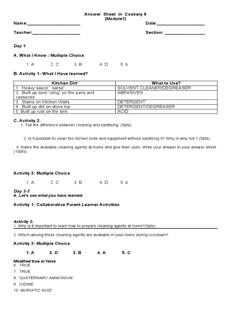 Answer Sheet WITH ANSWER Module1 | PDF | Industrial Processes | Hygiene