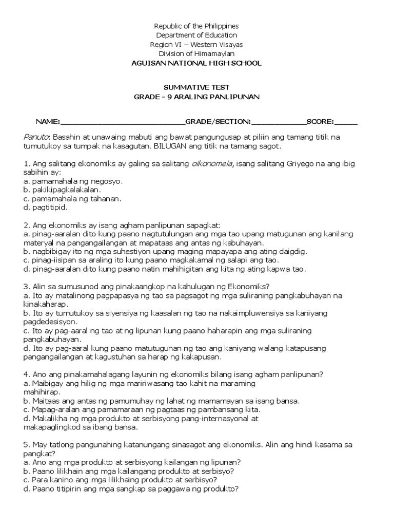 1st Summative Test 2 1 | PDF