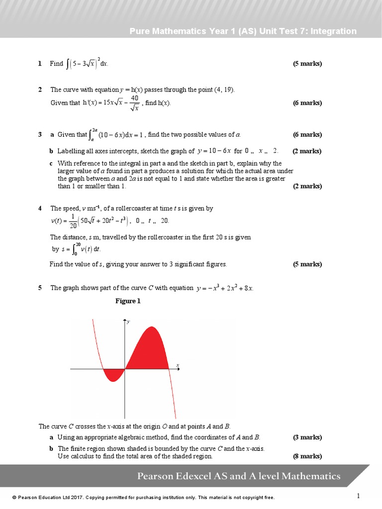 Pure Mathematics Year 1 (AS) Unit Test 7: Integration: XX y X | PDF ...
