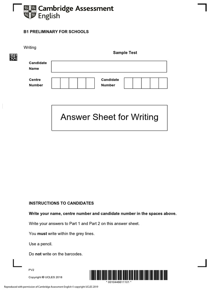 B1 Preliminary For Schools Answer Sheet - Writing | PDF | Universities ...
