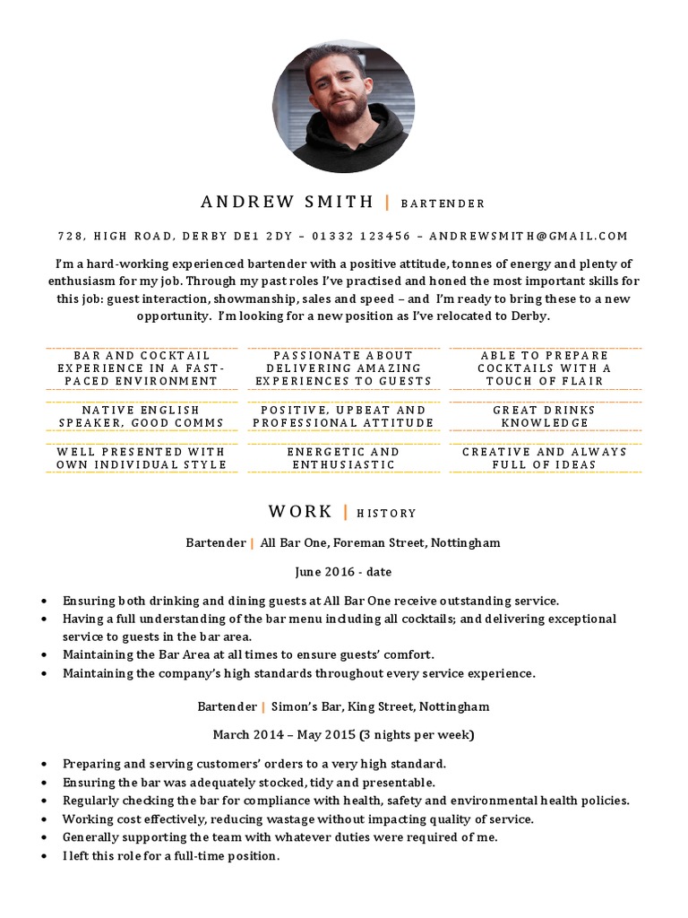 Bartender CV Example Template | PDF | Bartender | Beverages