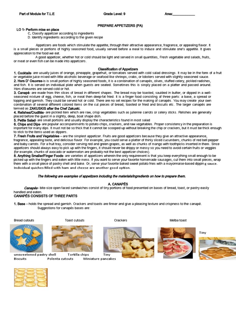 Classification of Appetizers for Grade 9 | PDF | Hors D'oeuvre | Pickling