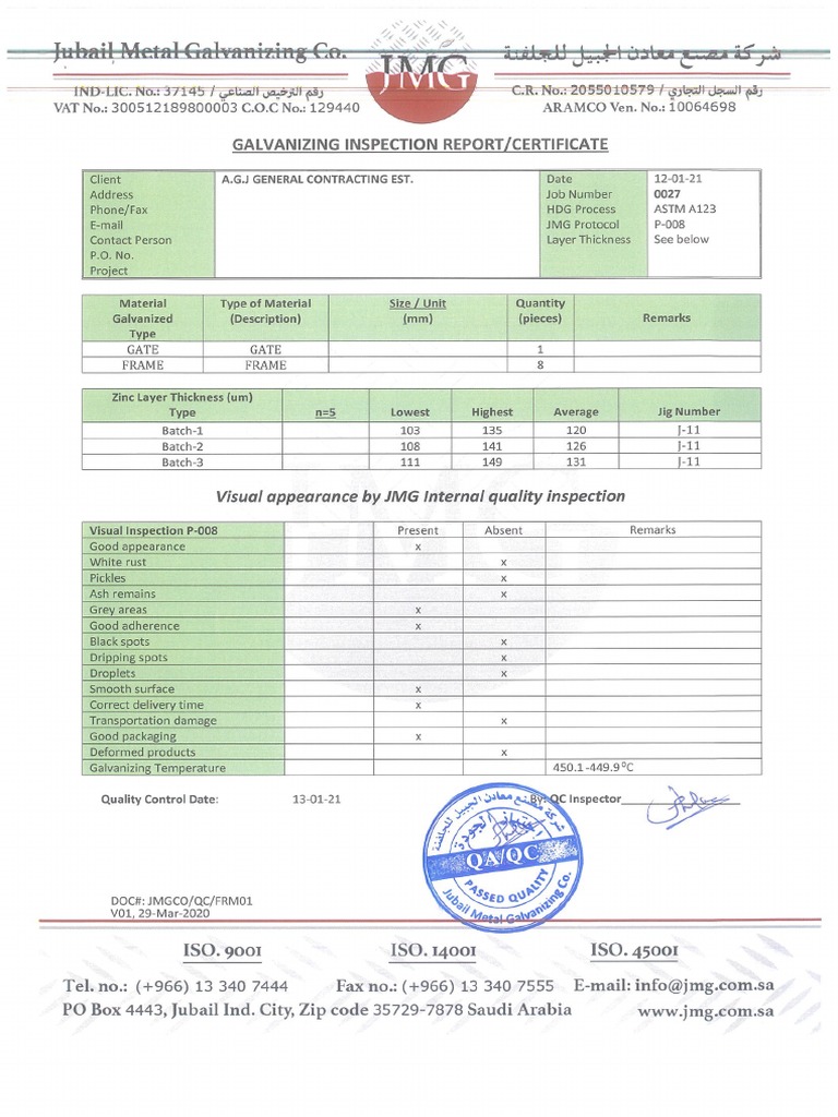 Galvanization Certificate | PDF