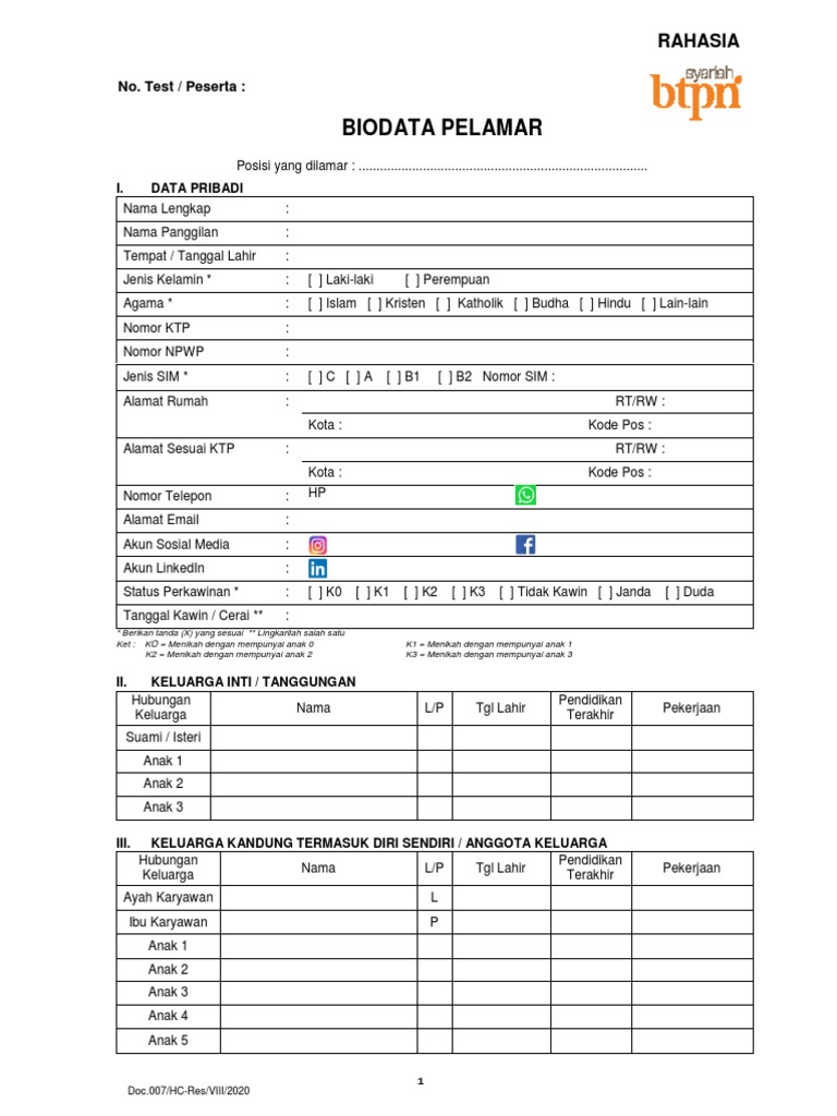 Biodata Pelamar Kerja Lengkap | PDF