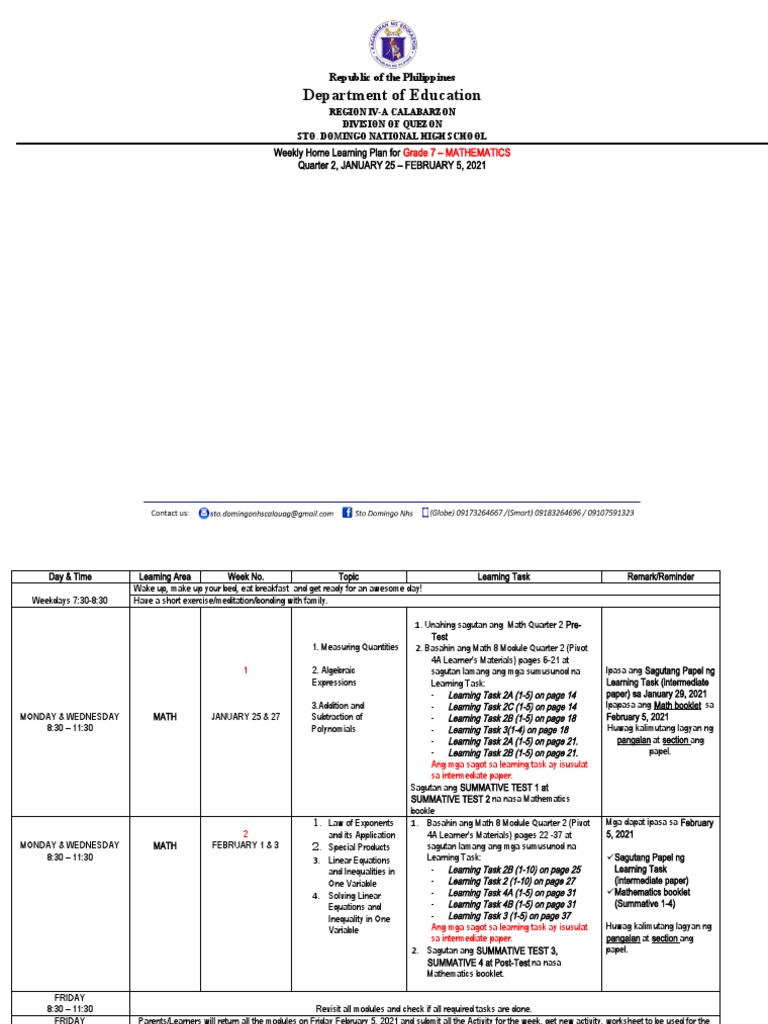 Weekly Home Learning Plan For Grade 7 - Math DVCARIOS | PDF | Abstract ...