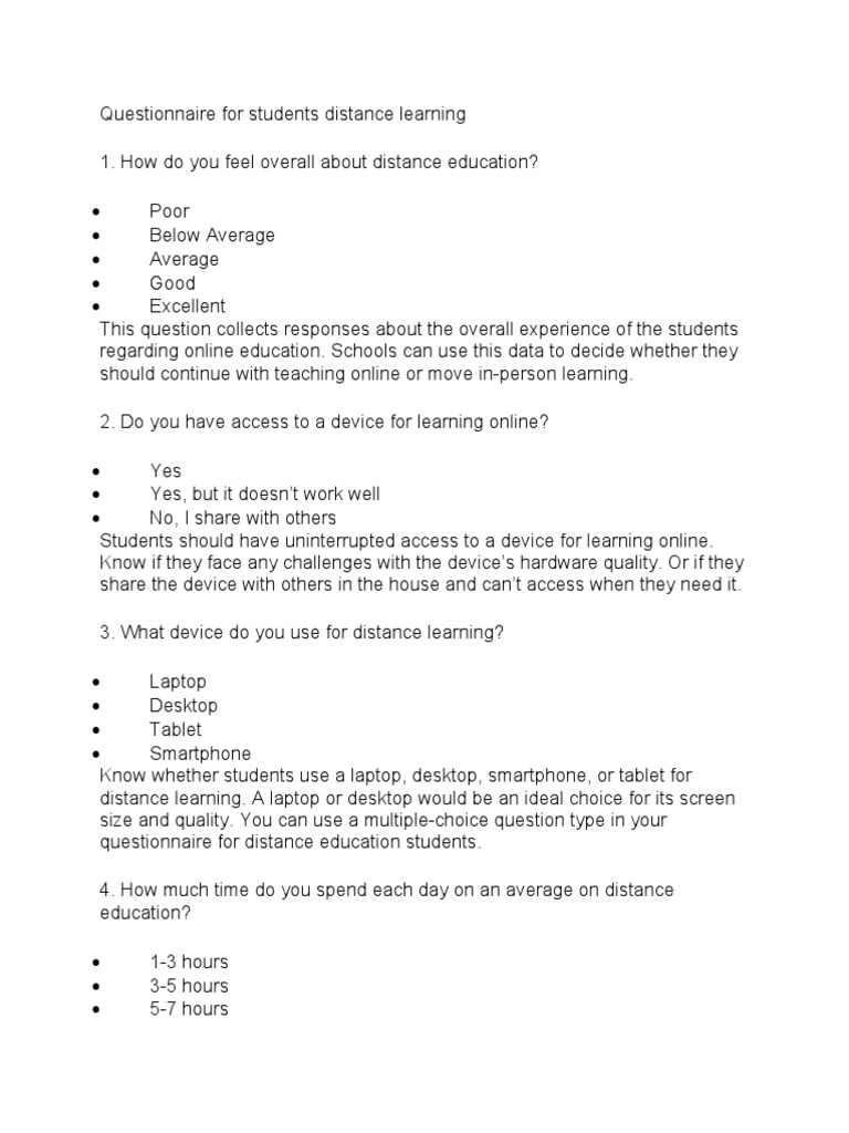 Student Distance Learning Questionnaire | PDF | Distance Education ...