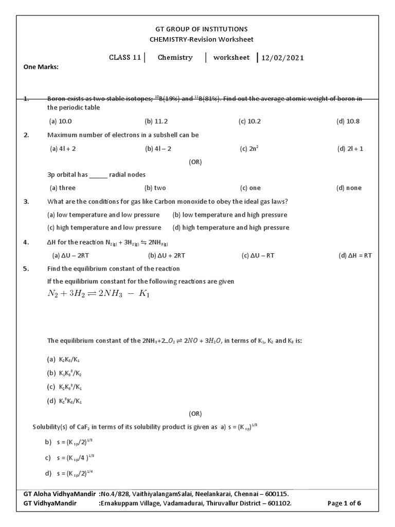 Class 11 - Chemistry - Worksheet - 20-21-1 | PDF | Ethylene | Chemical ...