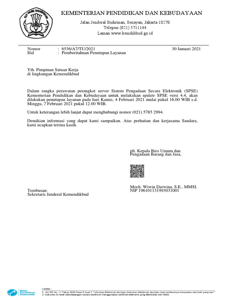 Surat Pemberitahuan Maintenance SPSE - Februari 2021 | PDF