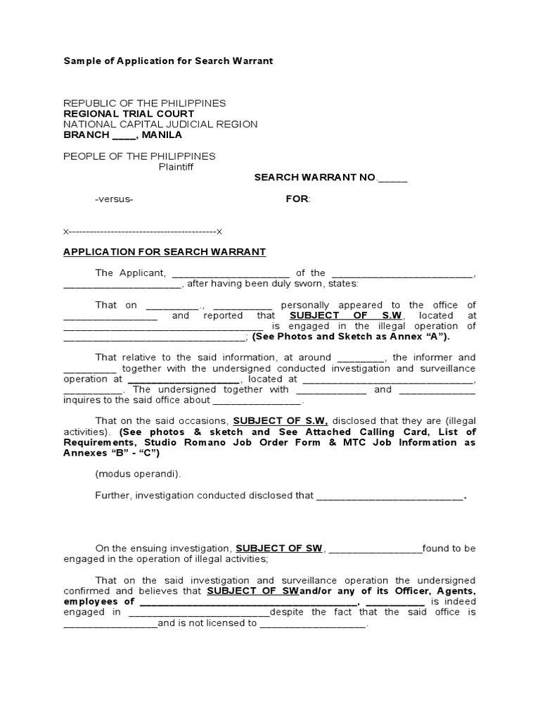 Application for Search Warrant Sample | PDF | Search Warrant | Judiciaries