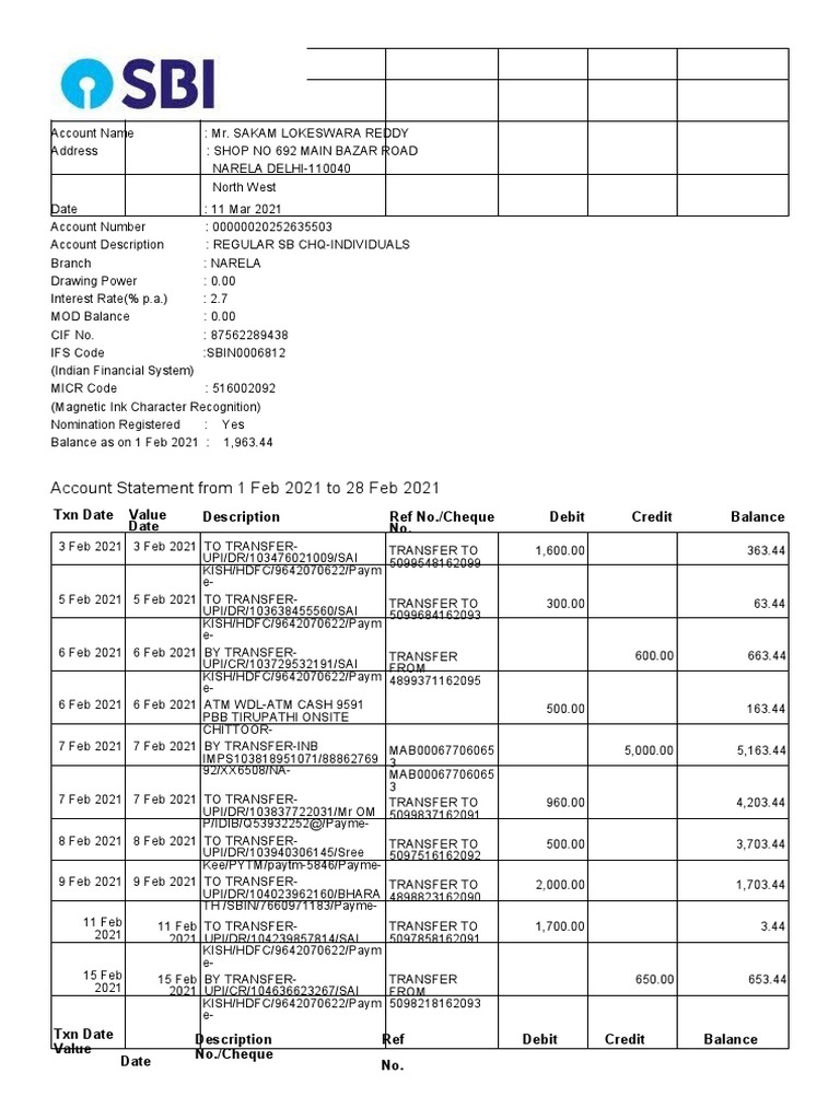 Account Statement From 1 Feb 2021 To 28 Feb 2021 | PDF | Financial Services | Banking