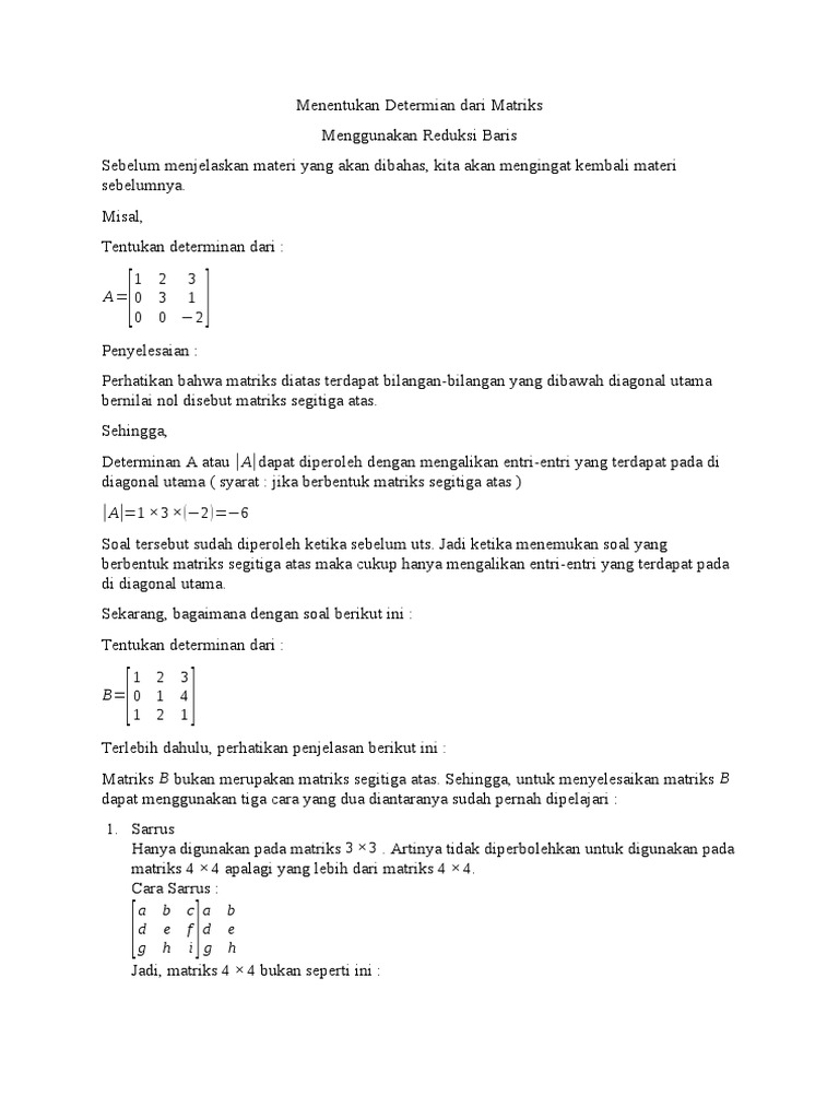 Menentukan Determian Dari Matriks Menggunakan Reduksi Baris | PDF