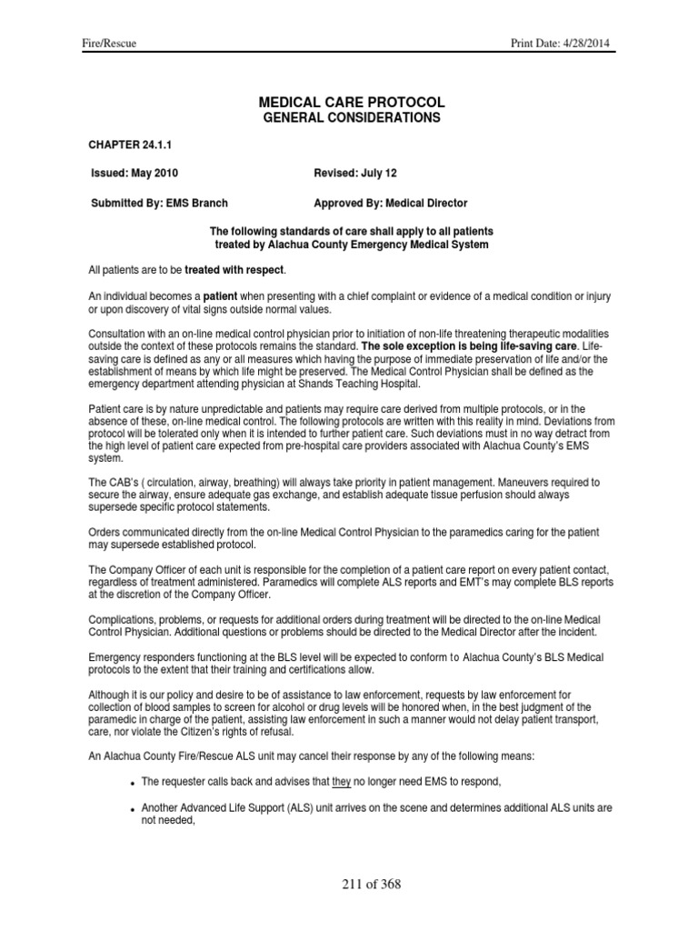 Medical Care Protocol: General Considerations | PDF | Emergency Medical ...