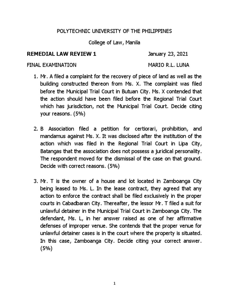 Remedial Law Review 1 | PDF | Complaint | Judgment (Law)