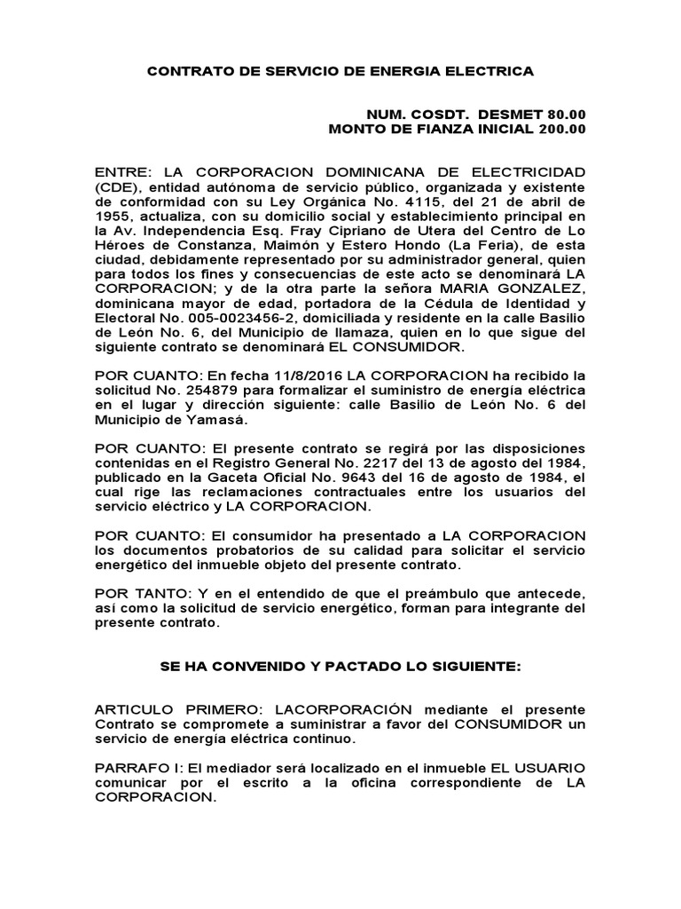 Contrato de Servicio de Energia Electrica | PDF | Energía y recursos ...