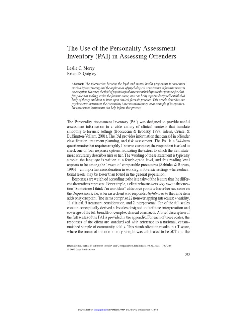 The Use of The Personality Assessment Inventory (PAI) in Assessing Offenders | PDF | Psychopathy ...