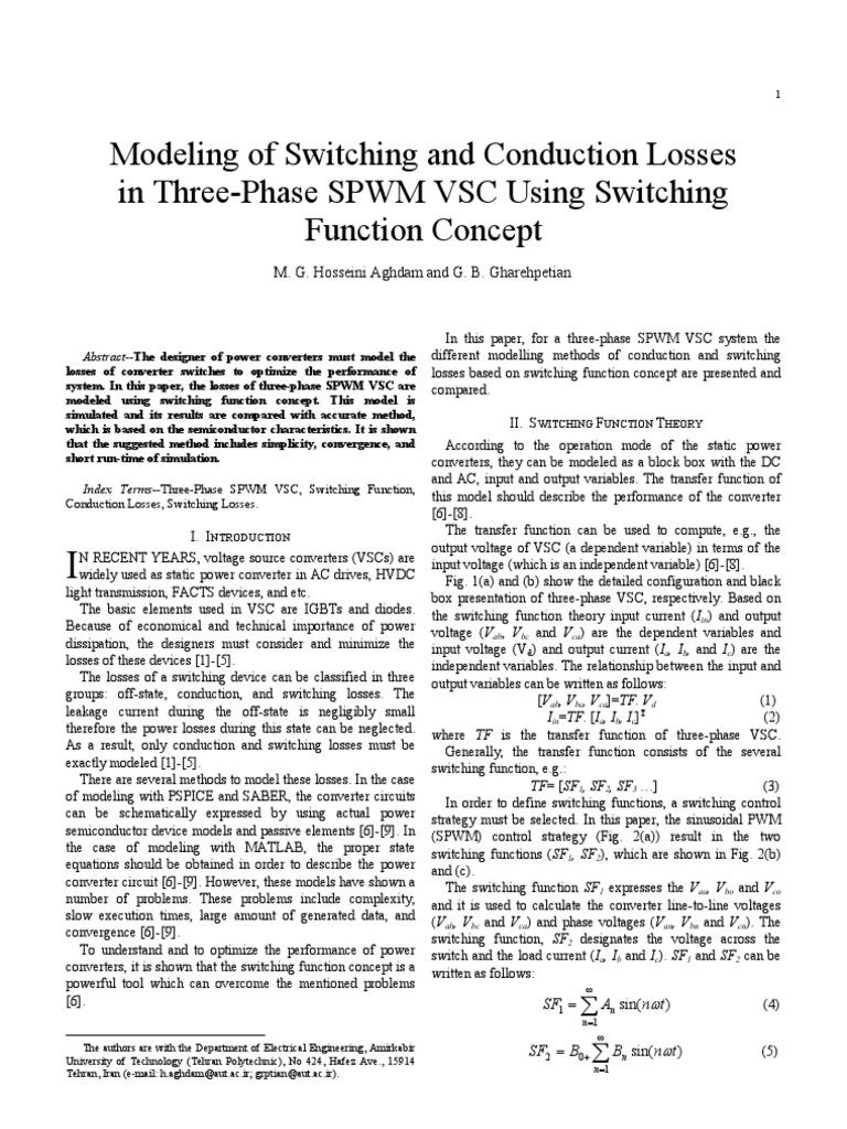 Modeling of Switching and Conduction Losses in Three - Phase SPWM VSC Using Switching Function ...