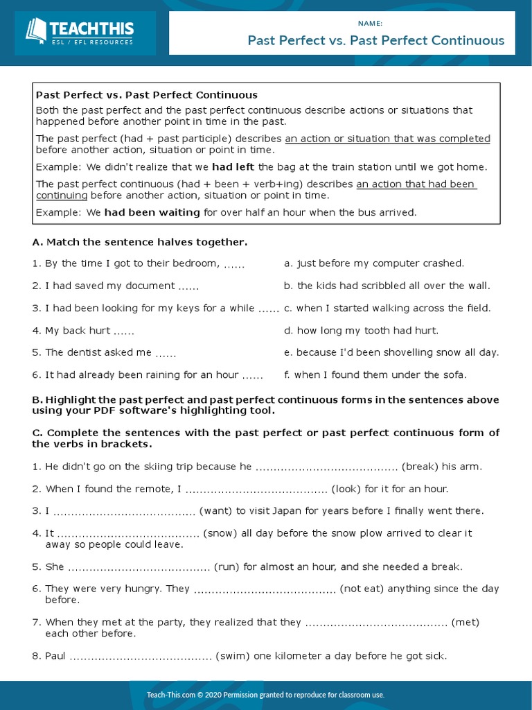 Past Perfect Vs Past Perfect Continuous Interactive Worksheet | PDF ...