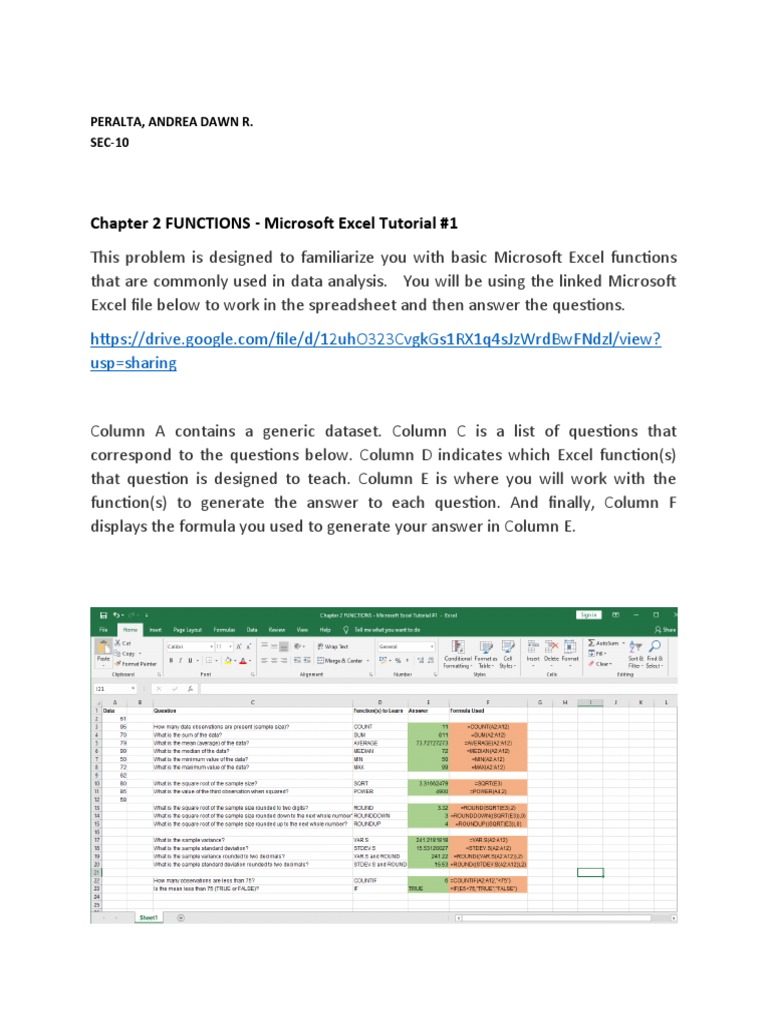 Chapter 2 FUNCTIONS - Microsoft Excel Tutorial #1 | PDF