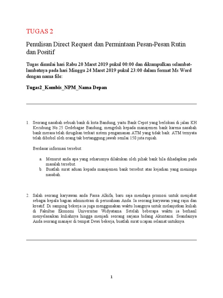 Tugas 2 Penulisan Direct Request Dan Permintaan Pesan-Pesan Rutin Dan ...