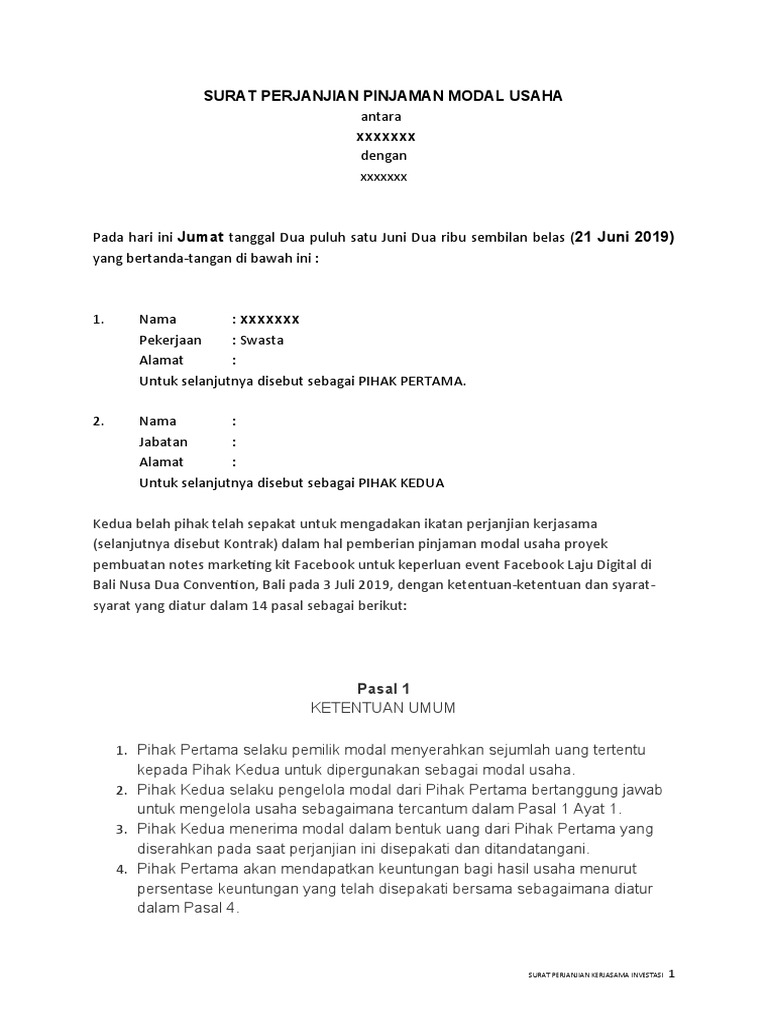 Surat Perjanjian Pinjaman Modal Usaha | PDF