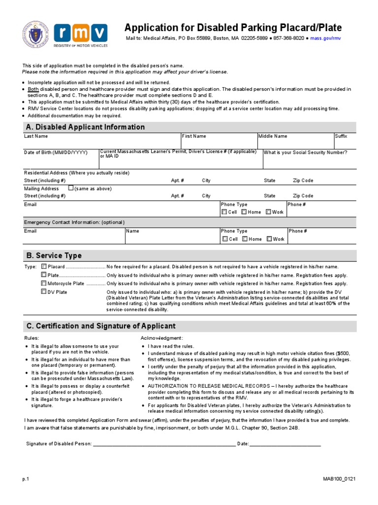 Application For Disabled Parking Placard/Plate: A. Disabled Applicant ...
