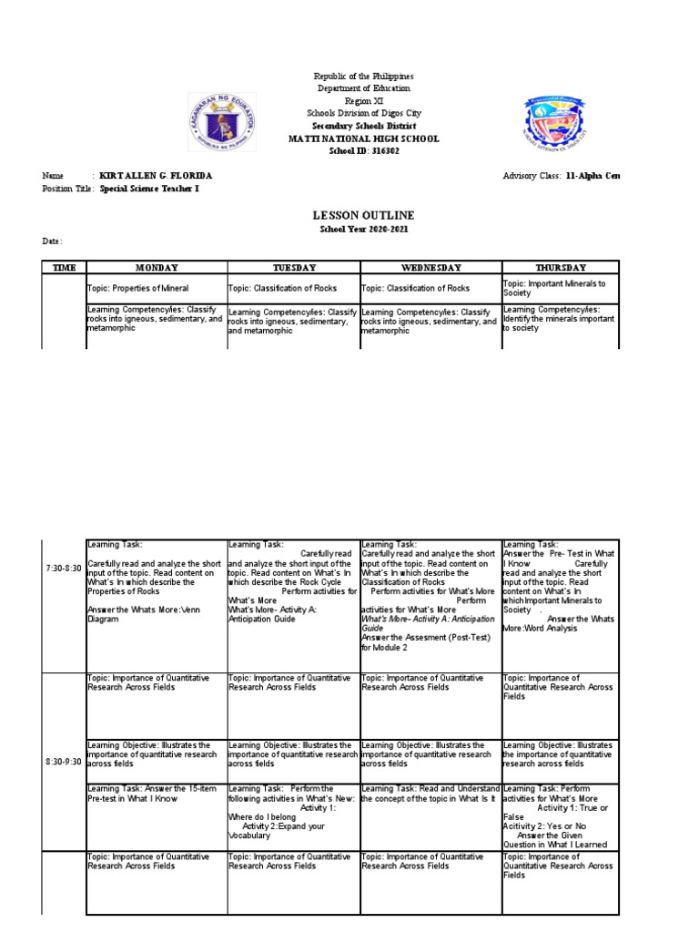 Lesson Outline: Republic of The Philippines Department of Education ...