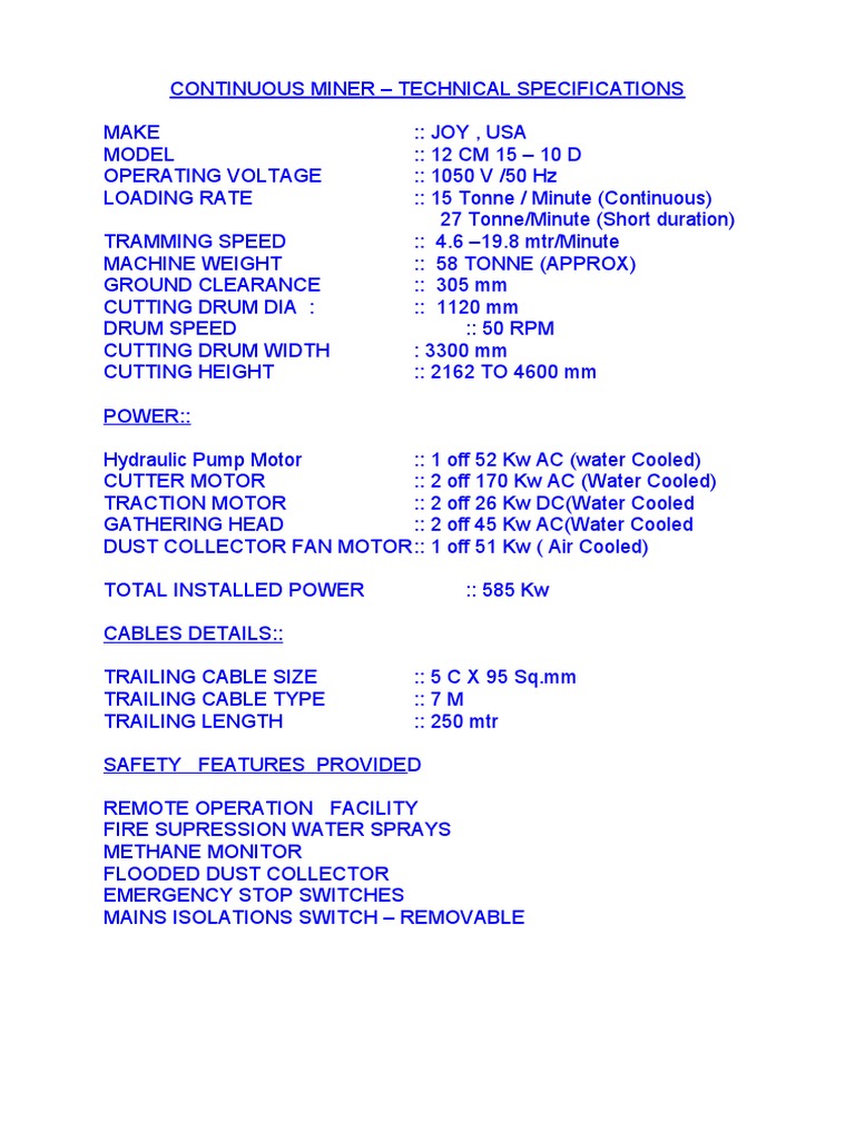 Joy Continuous Miner Specifications | PDF | Alternating Current ...