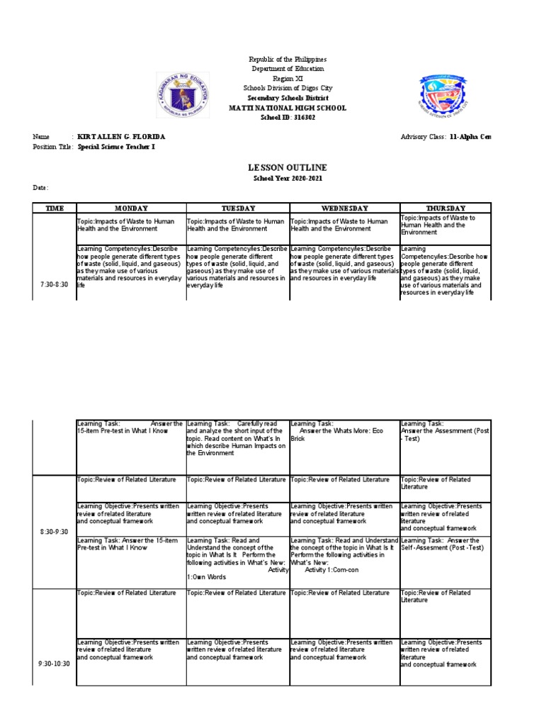 Lesson Outline: Republic of The Philippines Department of Education ...