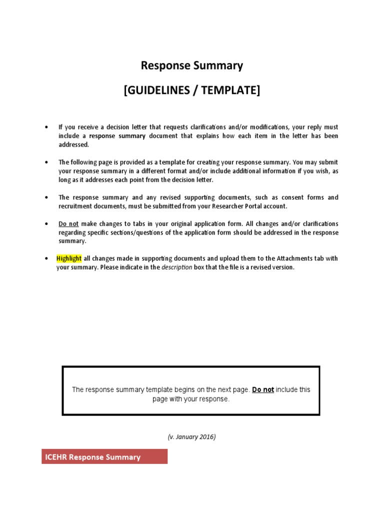 Response Summary (Guidelines / Template) | Download Free PDF | Consent ...