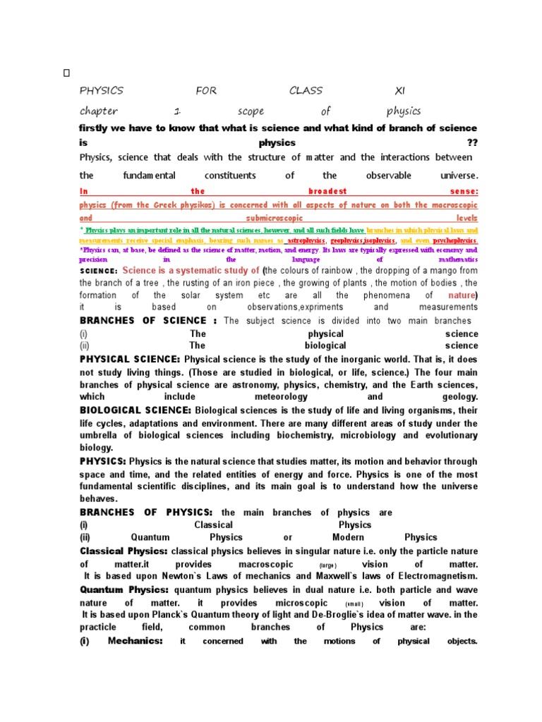 Physics FOR Class XI 1 Scope of Physics: Science Is A Systematic Study ...