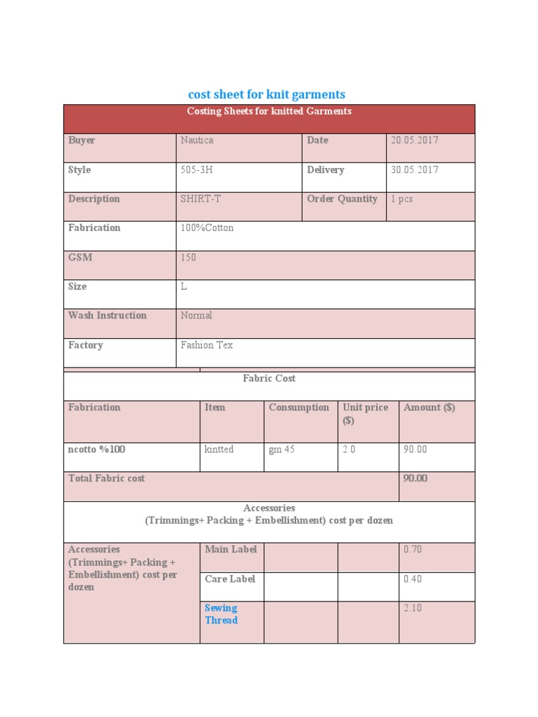 Costing Sheet For Knit Garments | PDF | Knitting | Clothing