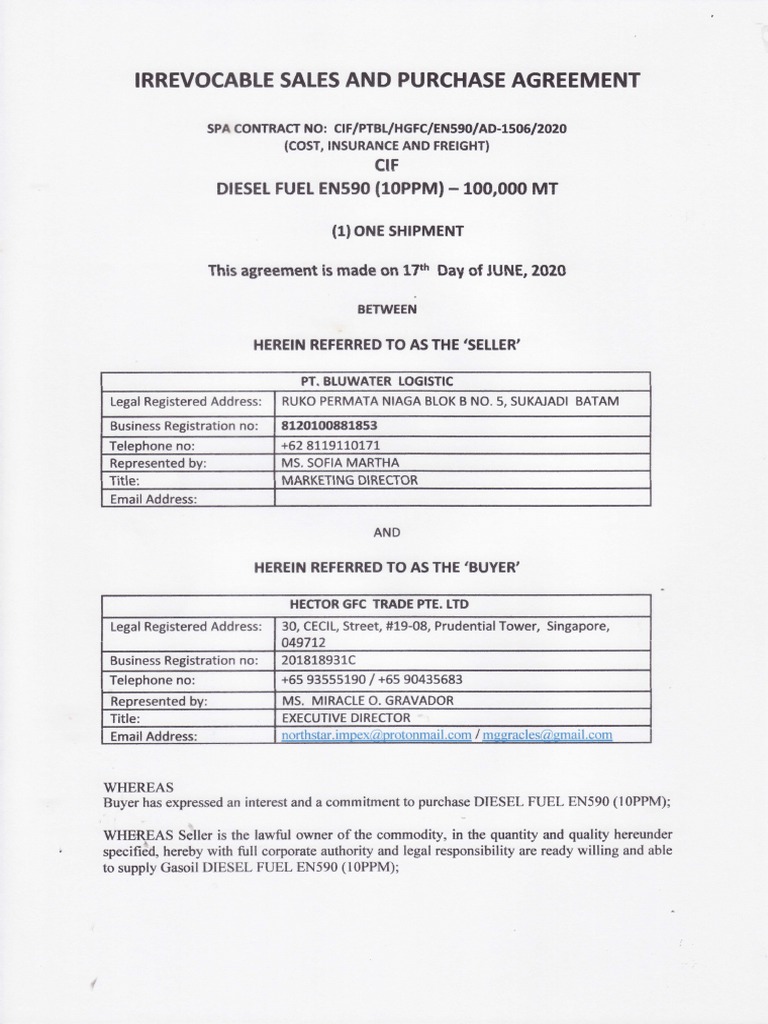 Irrevocable Sales and Purchase Agreement: CLF Diesel Fuei En590 (10Ppm ...