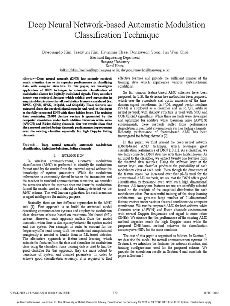 Deep Neural Network Based Automatic Modulation Classification Technique Pdf Deep Learning