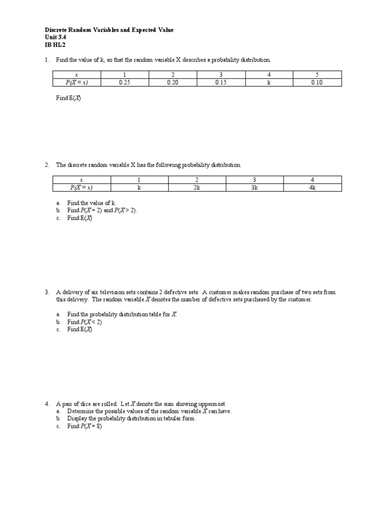 IB HL Classwork 3 - 4 - Discrete Random Variables and Expected Value ...