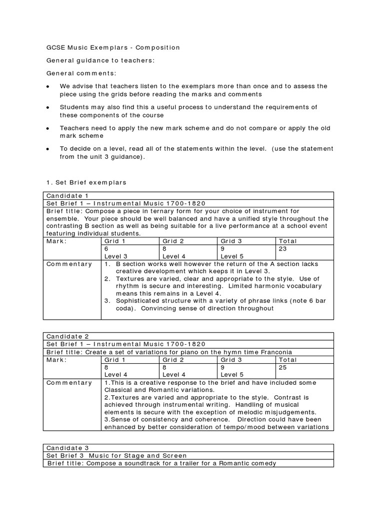 GCSE Music Exemplars Commentaries For Composition | Download Free PDF ...