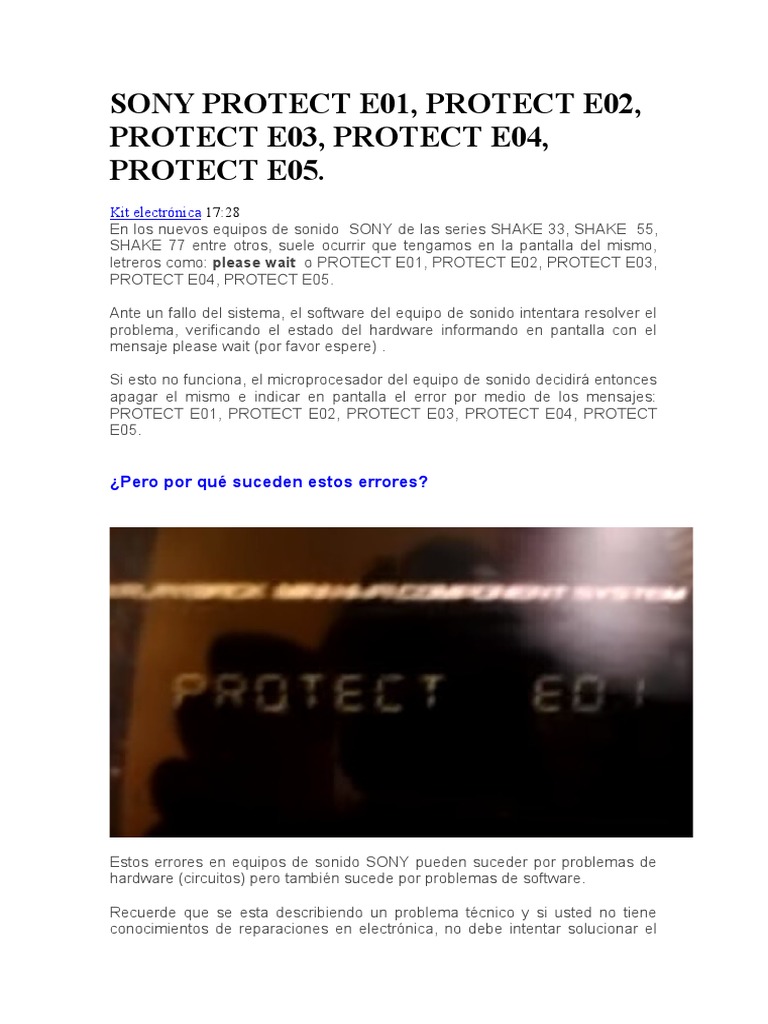 Explicación de los errores PROTECT E01, E02, E03, E04 Y E05 en equipos de sonido SONY y métodos ...