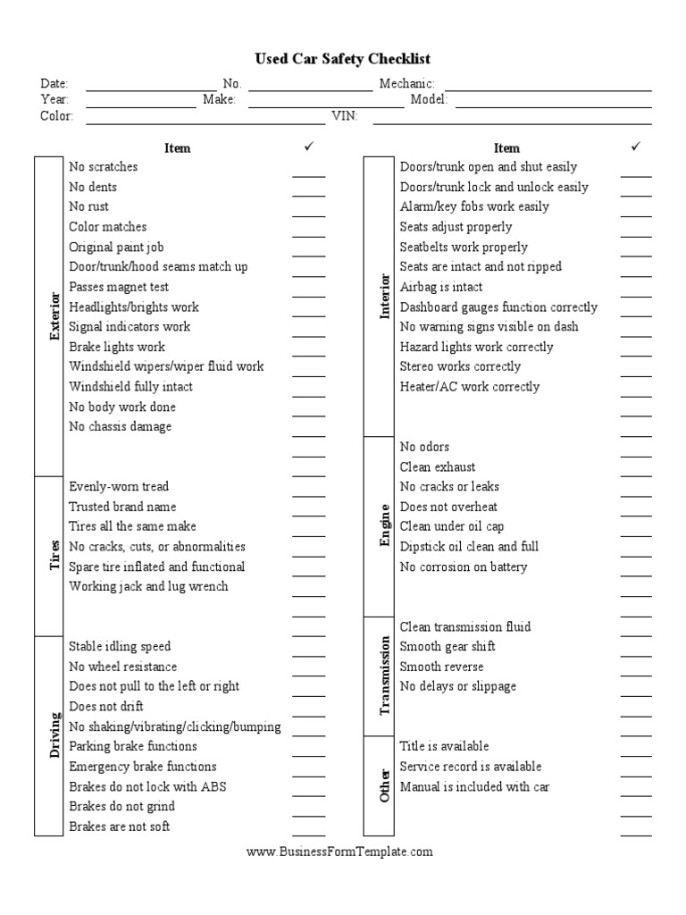 Used Car Safety Checklist: Item Item | PDF | Trunk (Car) | Transmission ...