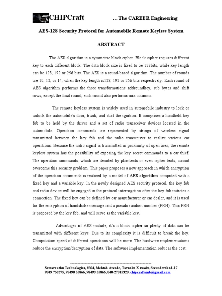 AES-128 Security Protocol For Automobile Remote Keyless System | PDF | Encryption | Key ...