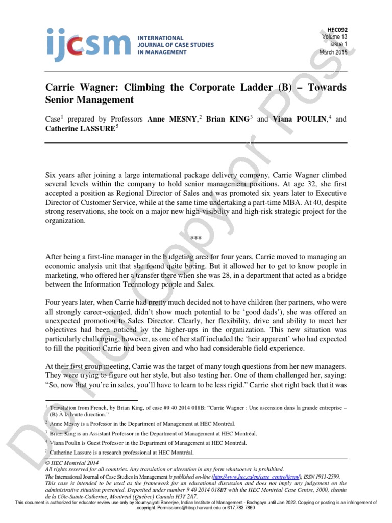 Carrie Wagner: Climbing The Corporate Ladder (B) - Towards Senior ...