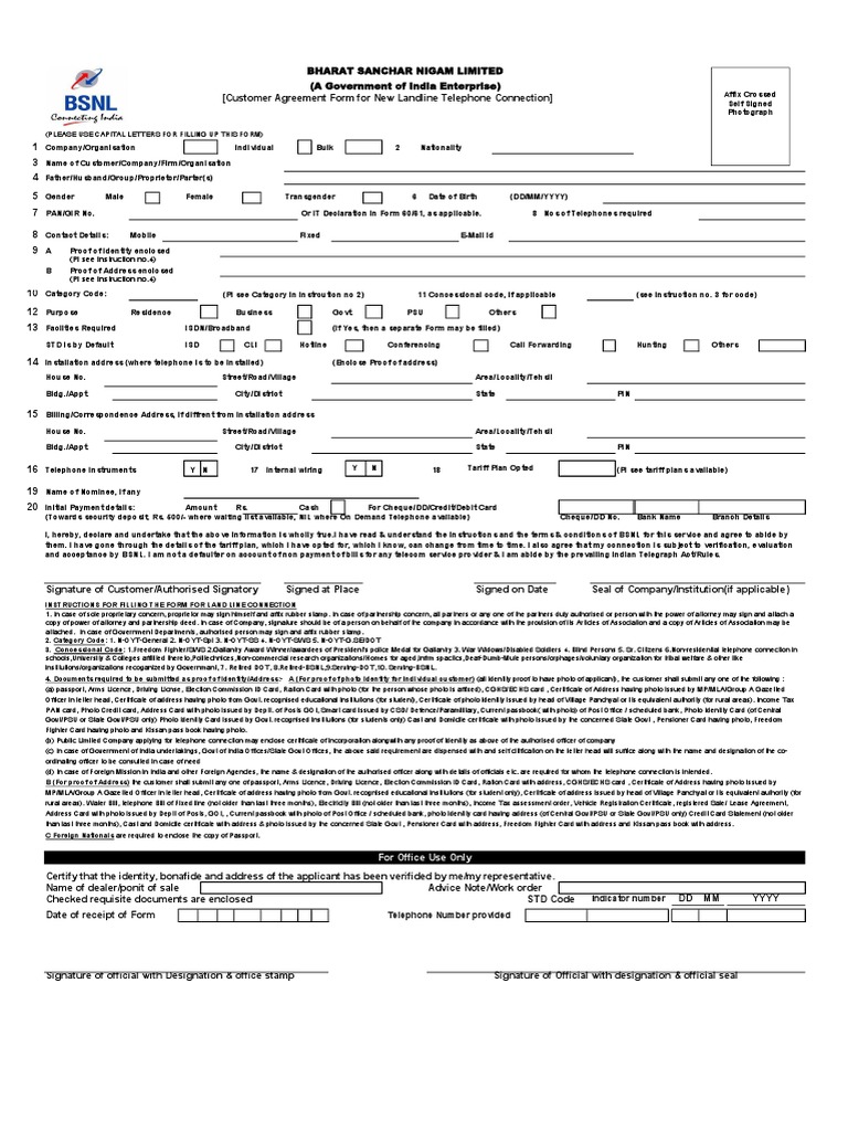 BSNL Landline Connection Application Form | PDF | Identity Document ...
