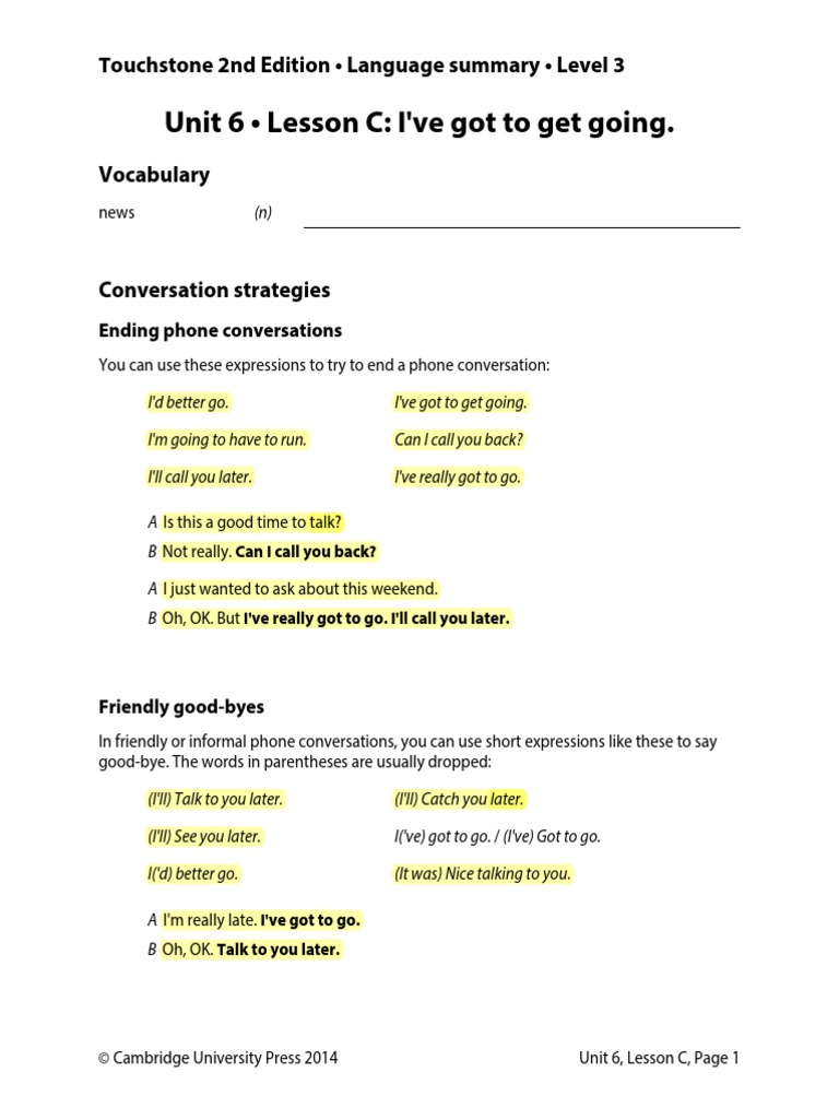 Unit 6 - Lesson C: I've Got To Get Going.: Touchstone 2nd Edition - Language Summary - Level 3 | PDF