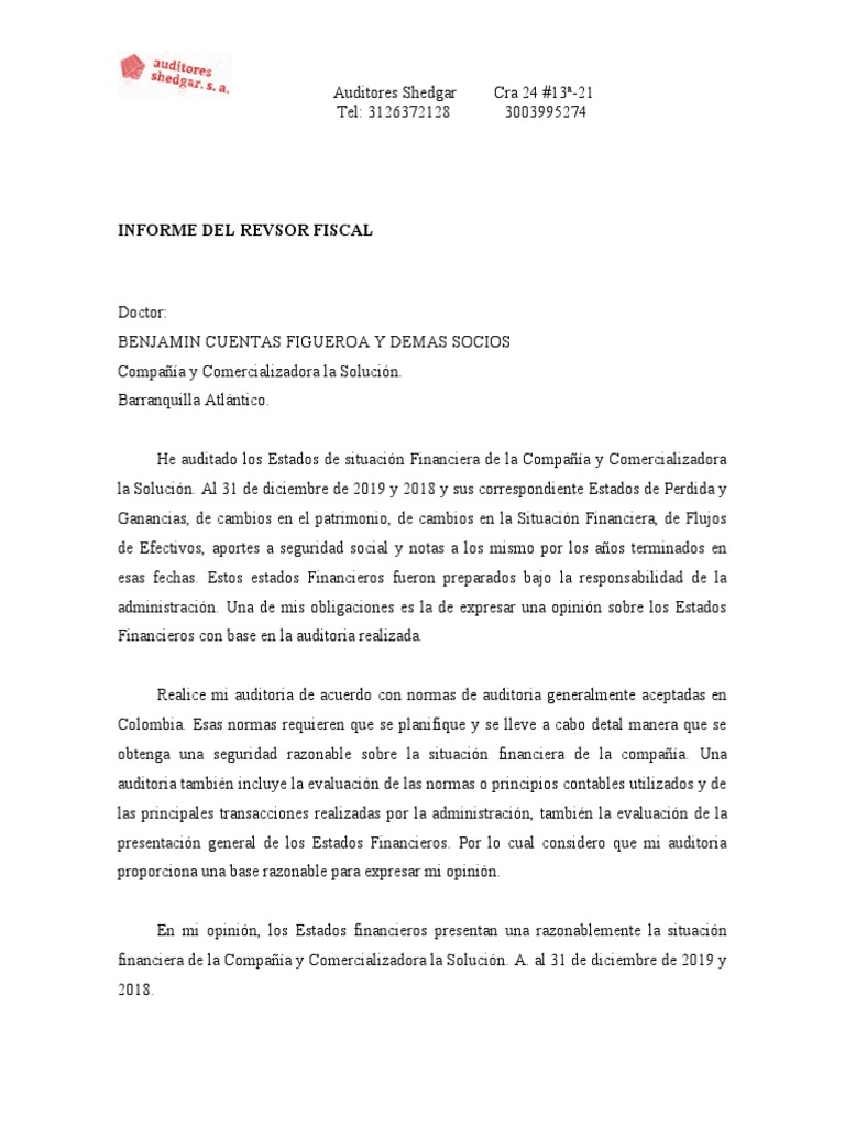 Informe Del Revisor Fiscal Pdf Auditoría Estado Financiero